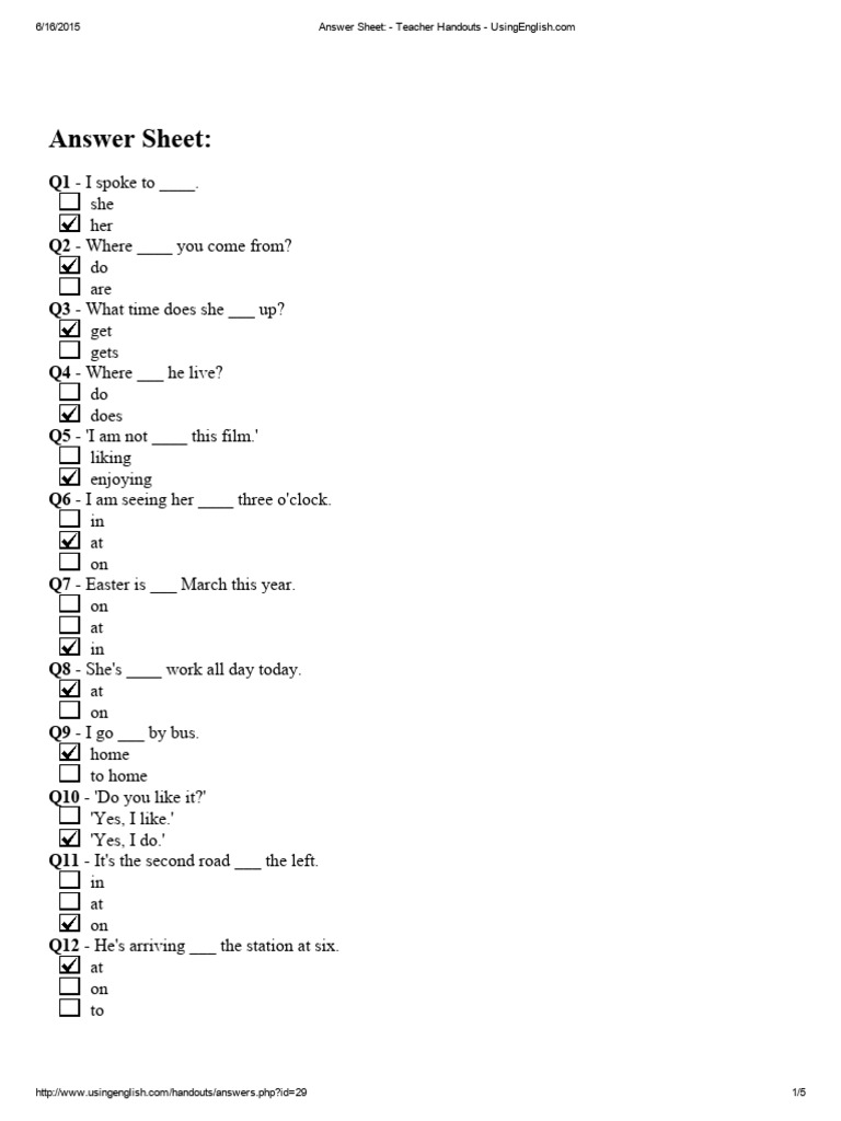 50 Question Level Test - Beginner (Answer Sheet) | PDF