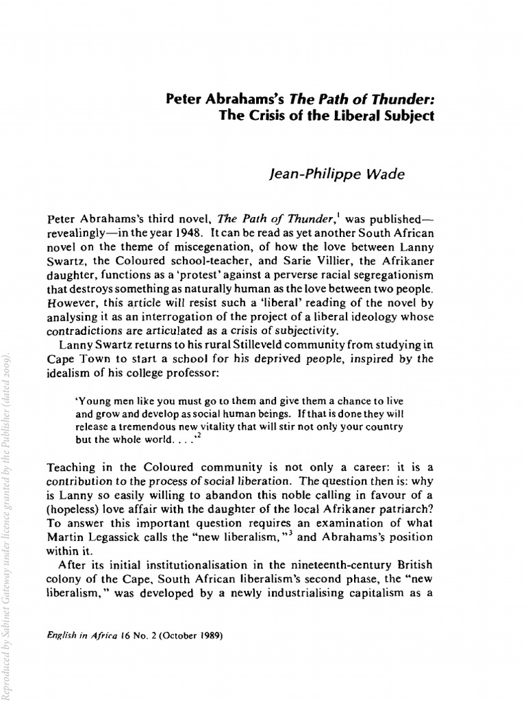 Wade 1989 Peter Abrahams S The Path of Thunder The Crisis of The ...