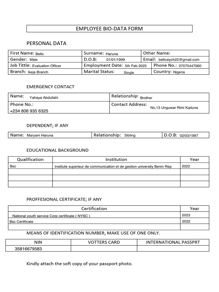 Employee Bio-data PDF | PDF