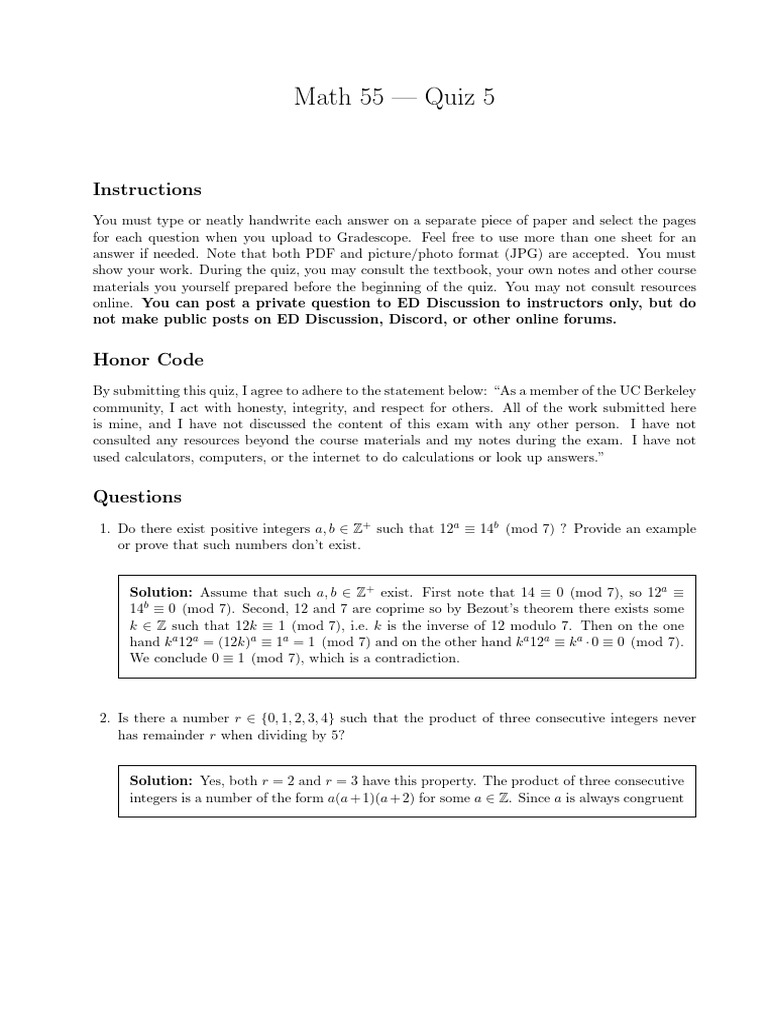 Math 55 Quiz 5 Solutions Fall 2024 | PDF | Arithmetic | Discrete ...
