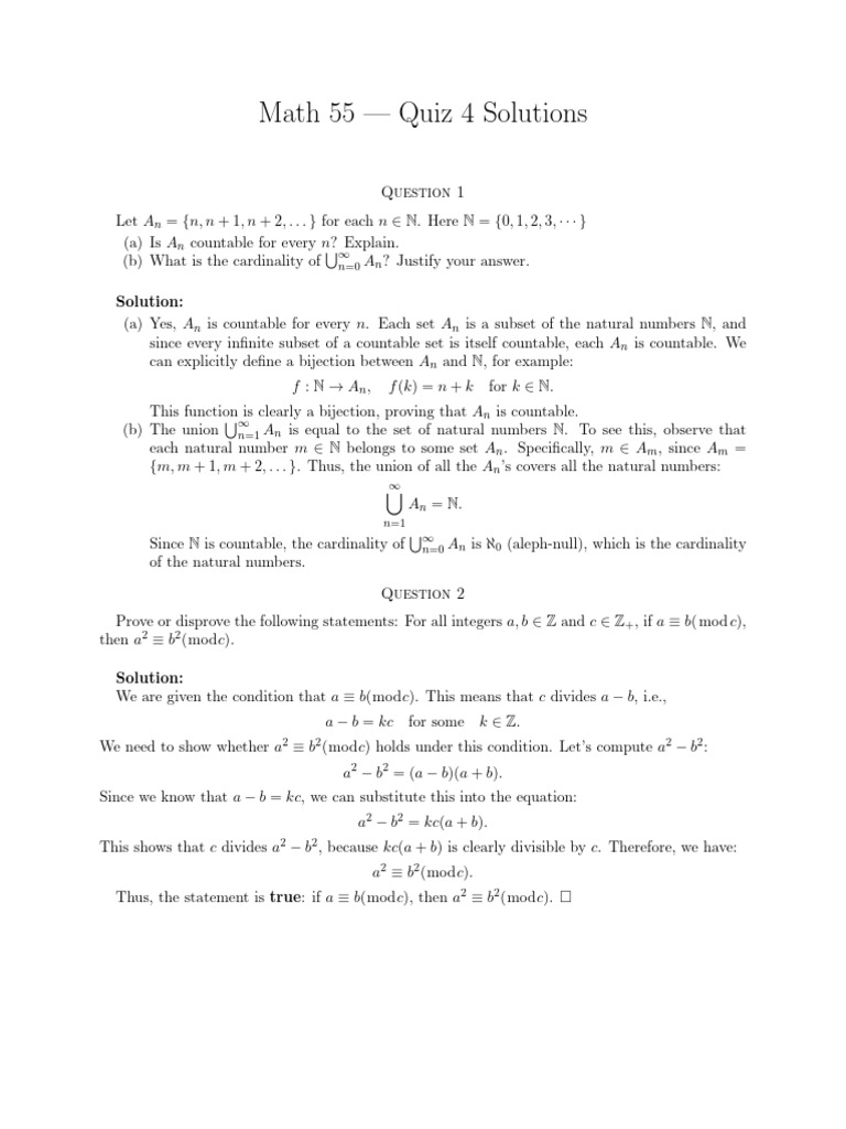 Math 55 Quiz 4 Solutions Explained | PDF