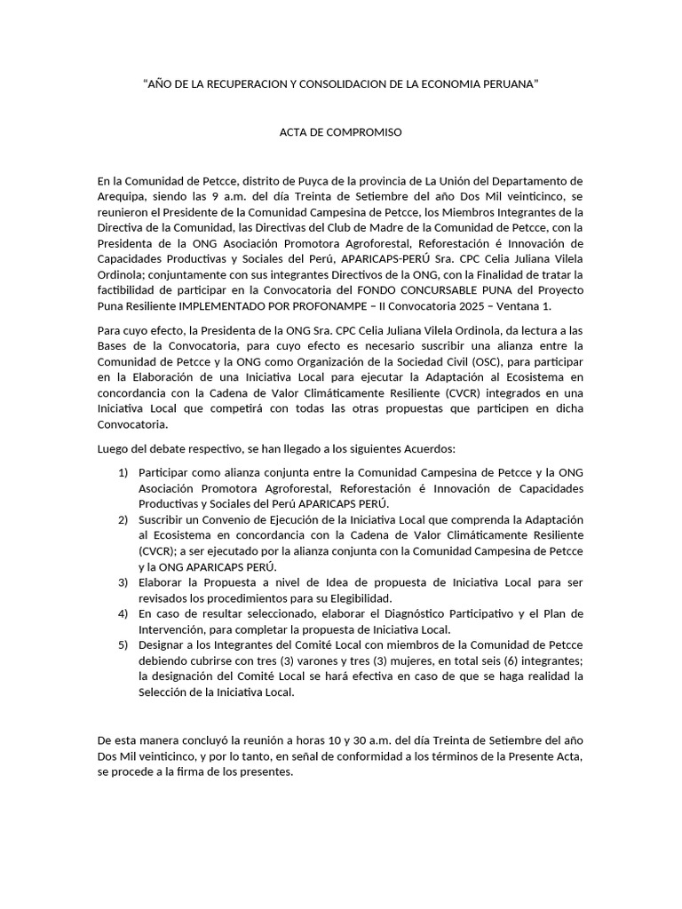Acta Compromiso de Particip Comunidad Petcce - ONG | PDF | Perú ...