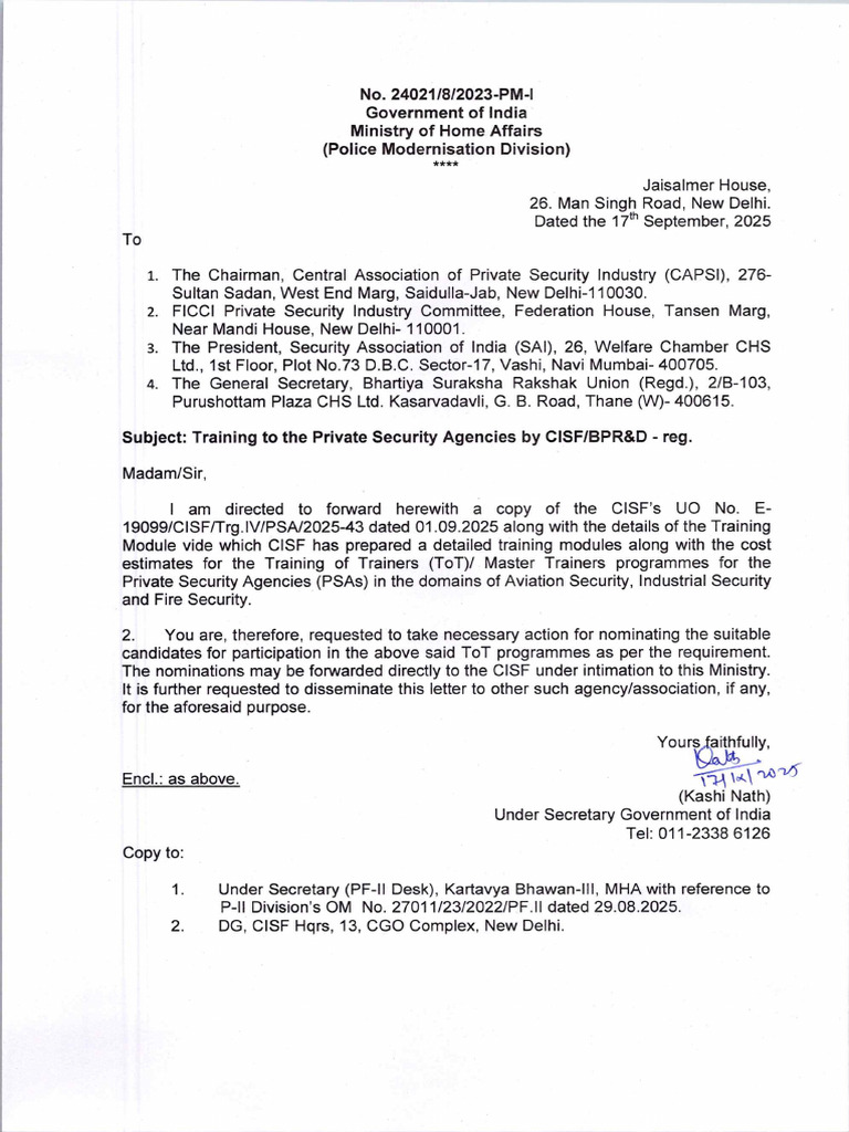 Training To The Private Security Agencies by CISFBPRD | PDF