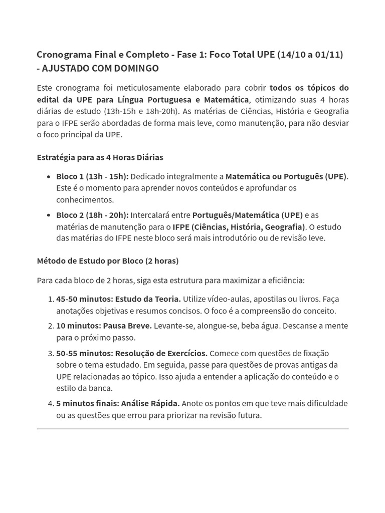 Cronograma de Estudo UPE: Fase 1 | PDF | Matemática | Equações
