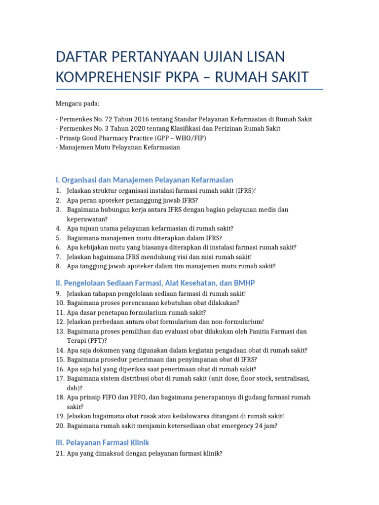 Pertanyaan Ujian Lisan Kefarmasian RS | PDF