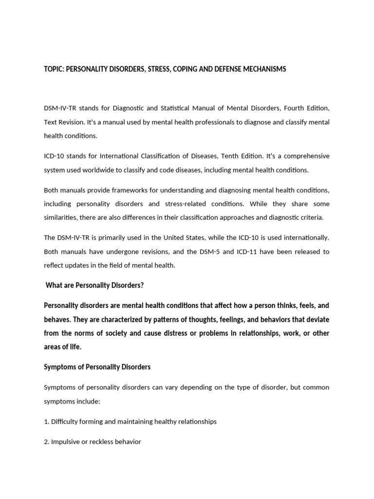 Psy 102 Note For Personality Disorders, Stress, Coping and Defense ...