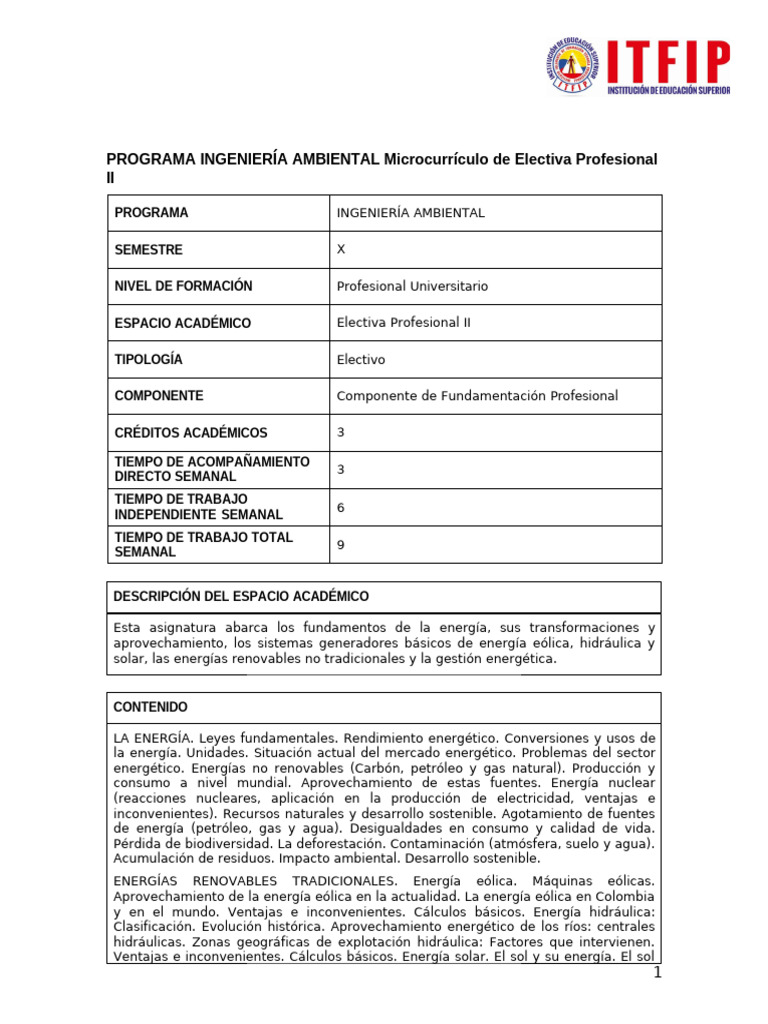 Microcurrículo de Electiva Profesional II | PDF | Energía renovable | Energía solar