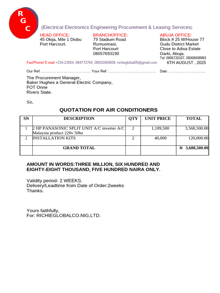 Air Conditioner Quotation from Richie Global | PDF