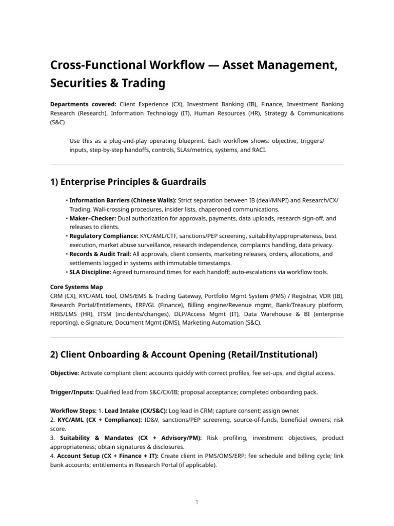 Cross‑Functional Workflow — Asset Mgmt, Securities & Trading (Client ...