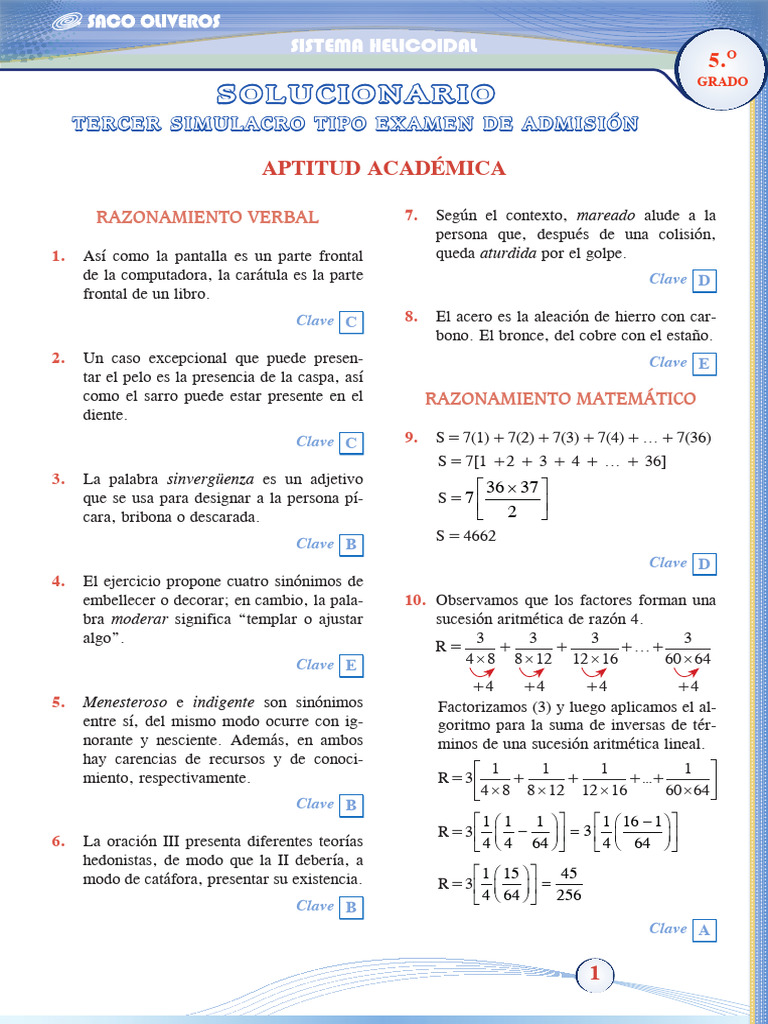 Solucionario - Simulacro N°3 - 5° Grado - 24 | PDF | Corazón | Vena