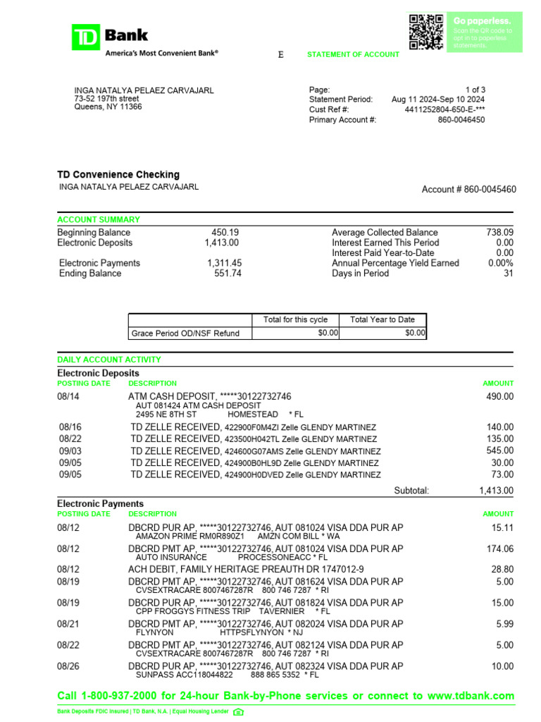 TD Convenience Checking: Account # 860-0045460 | PDF | Banks | Overdraft