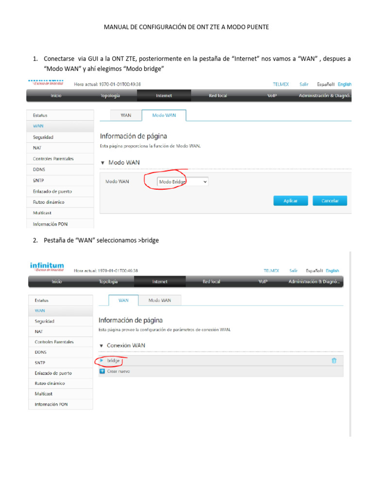 Manual de Configuración de Ont Zte a Modo Puente | PDF