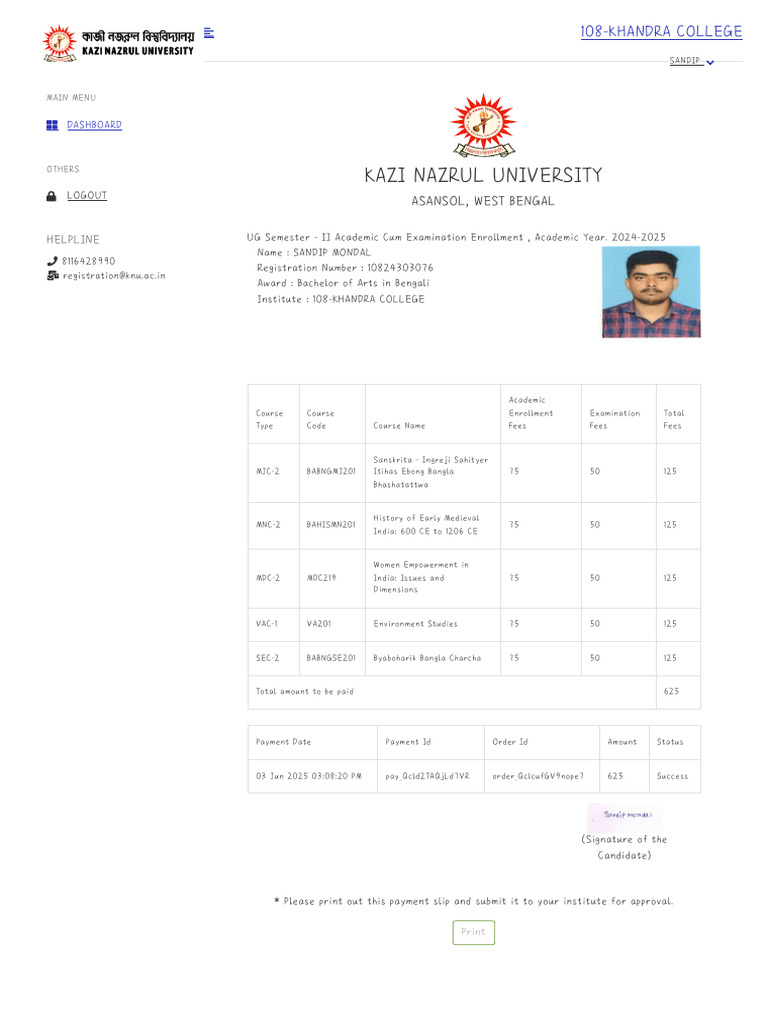KNU Connect Portal Enrollment Slip | PDF | South Asia | Bangladesh
