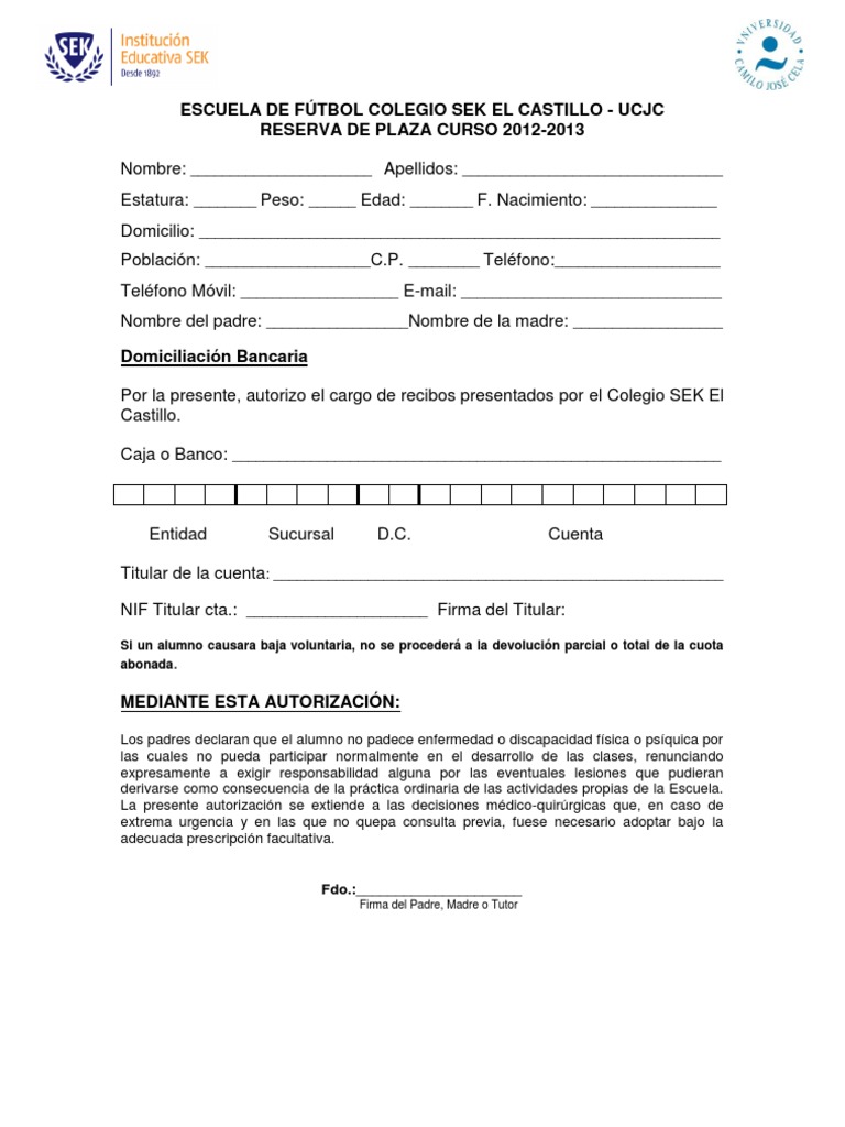 Formulario de Inscripción Escuela Fútbol SEK-UCJC | PDF | Science ...