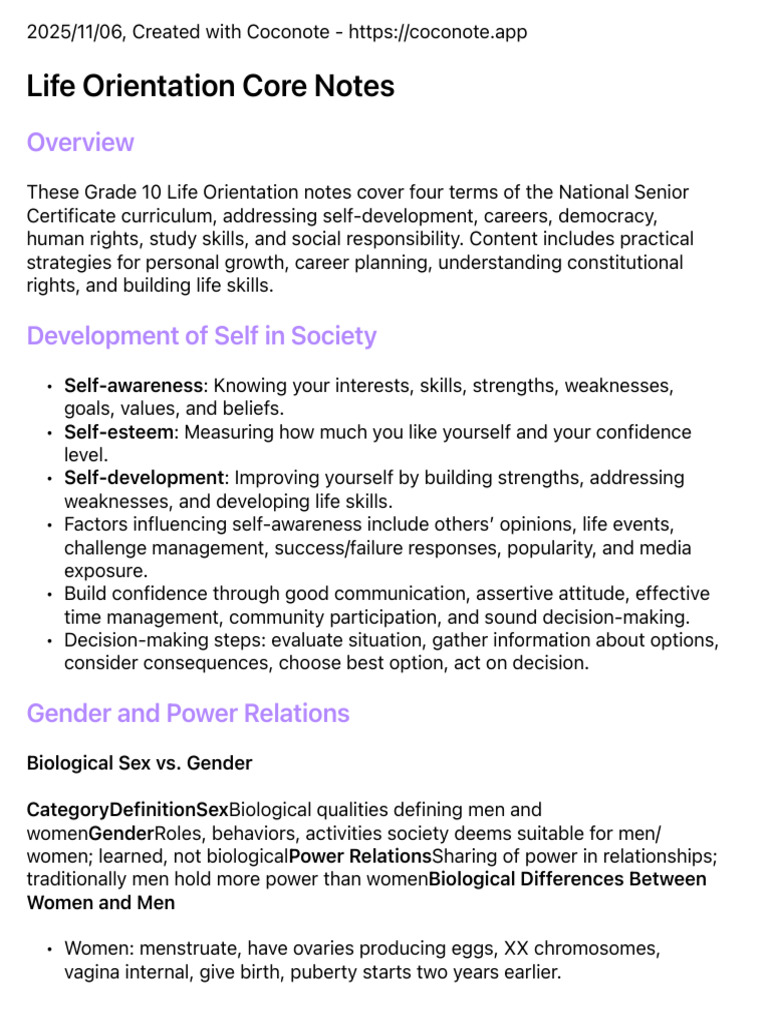 Life Orientation Core Notes Notes | PDF | Malnutrition | Taxes