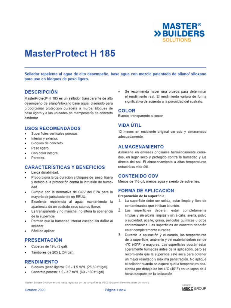 Masterprotect H 185 - Ficha Tecnica | PDF | Agua | Hormigón