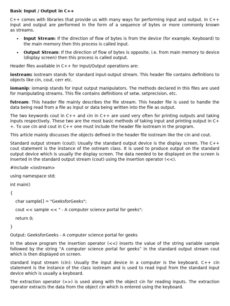 Input and Output Statements in C++ | PDF | C++ | Input/Output