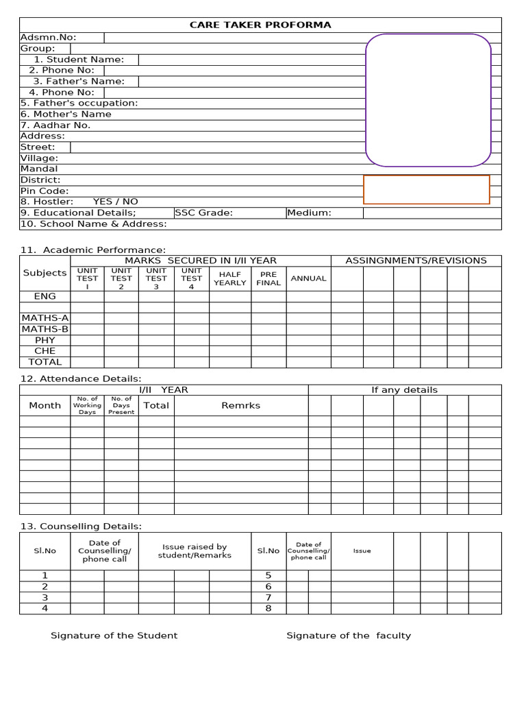 Care Taker Proforma | PDF