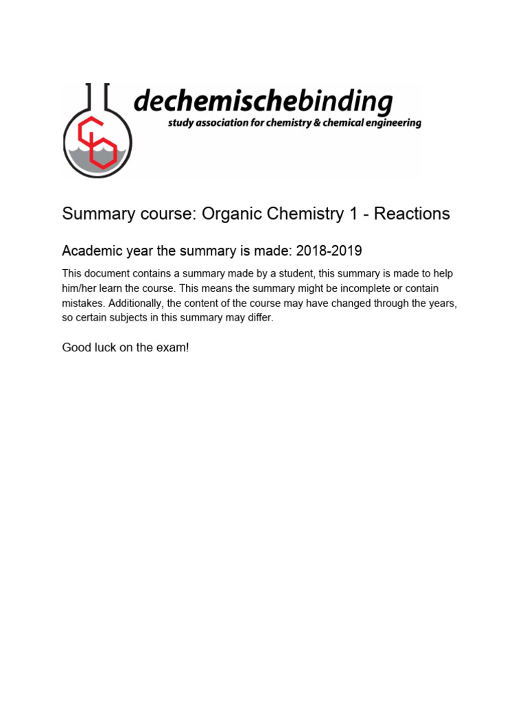 Summary Reactions Organic Chemistry 1 18-19 | PDF