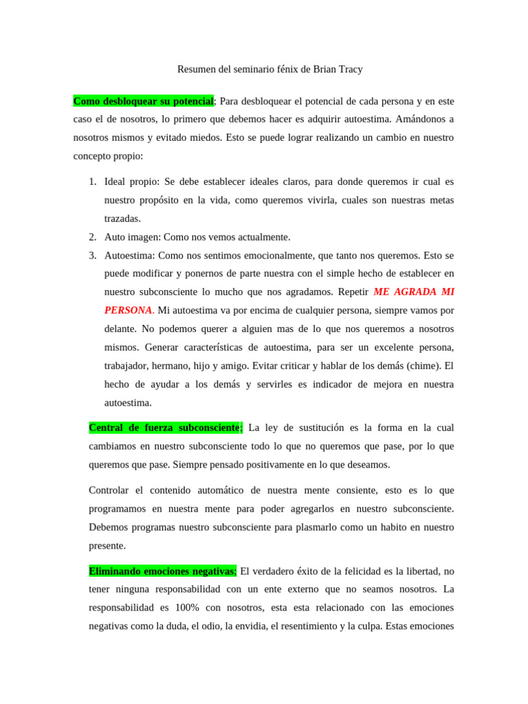 Resumen del seminario fenix de Brian Tracy | PDF | Mente | Autoestima