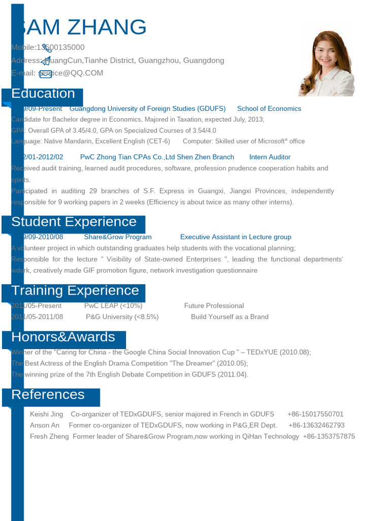 Sam Zhang's English Resume PDF | PDF