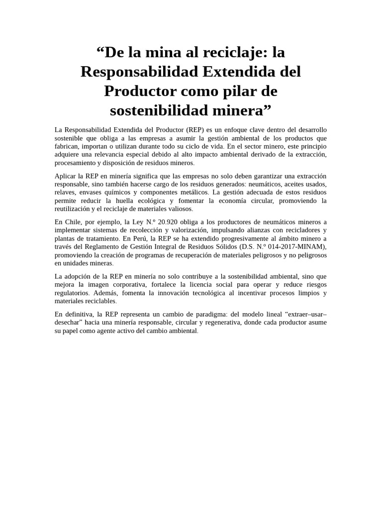 Responsabilidad Extendida en Minería Sostenible | PDF