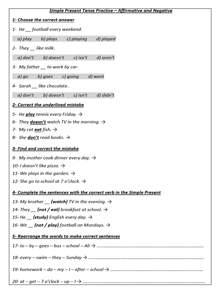 Simple Present Tense Practice Affirmative and Negative | PDF