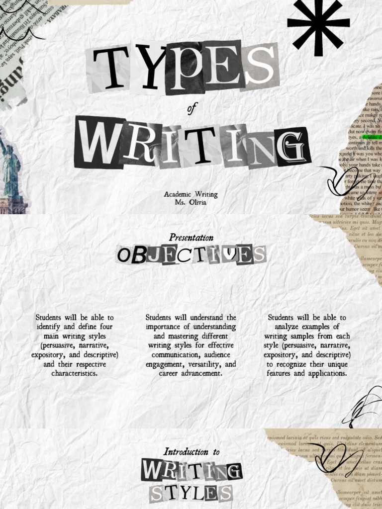Types of Writing Styles Presentation in Black and White Scrapbook Cut ...
