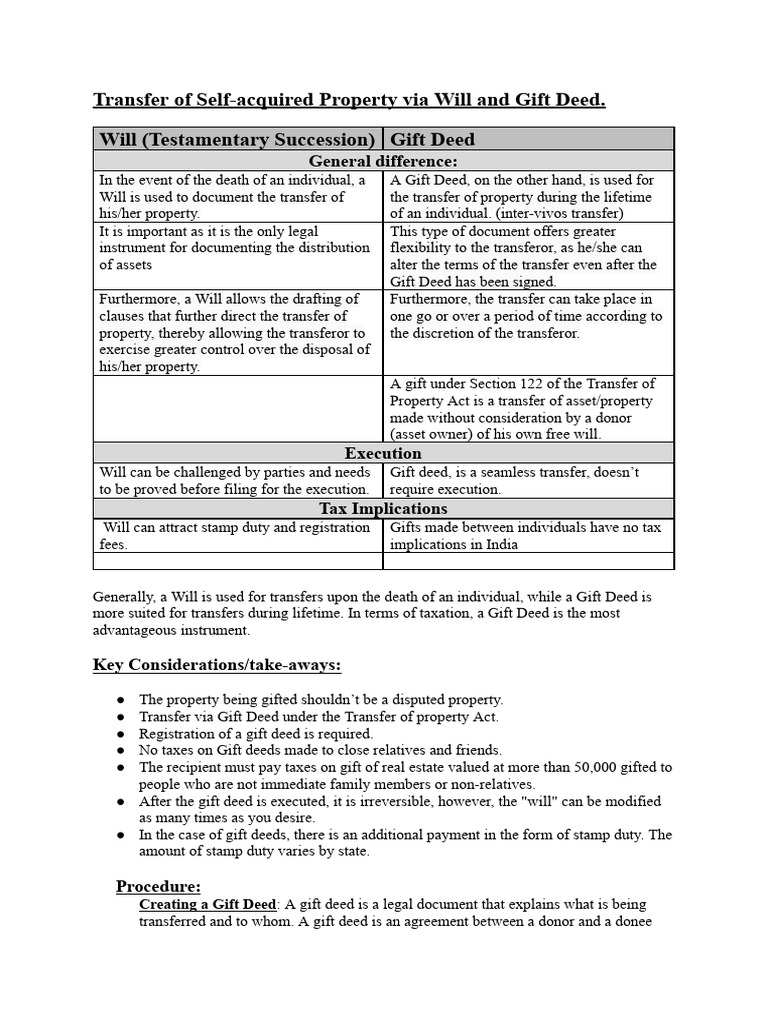 Transfer of Self-Acquired Property Via Will and Gift Deed | PDF | Deed ...