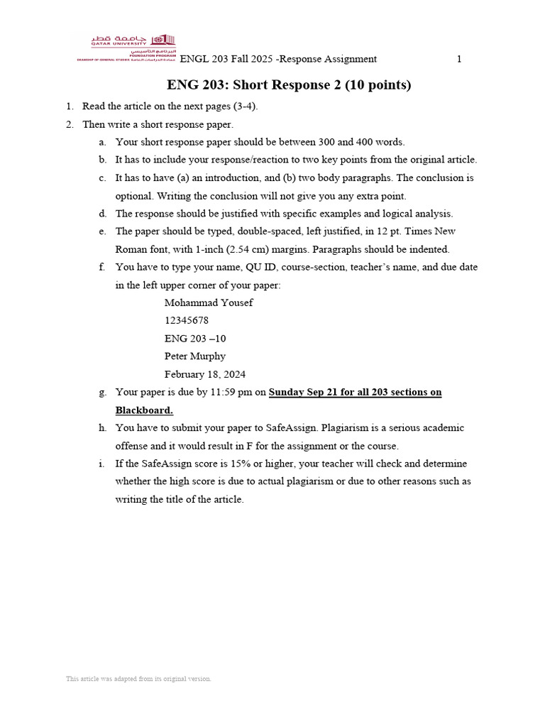 ENG 203 Response 2 Article Fall 2025 Copy | PDF | Mental Health | Child ...