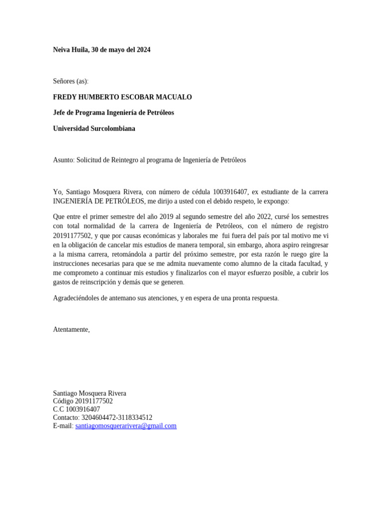 Carta de Solicitud de Reintegro Santiago Mosquera Rivera | PDF