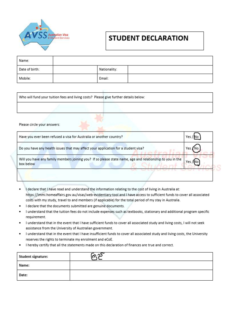 Student Visa Financial Declaration Form | PDF