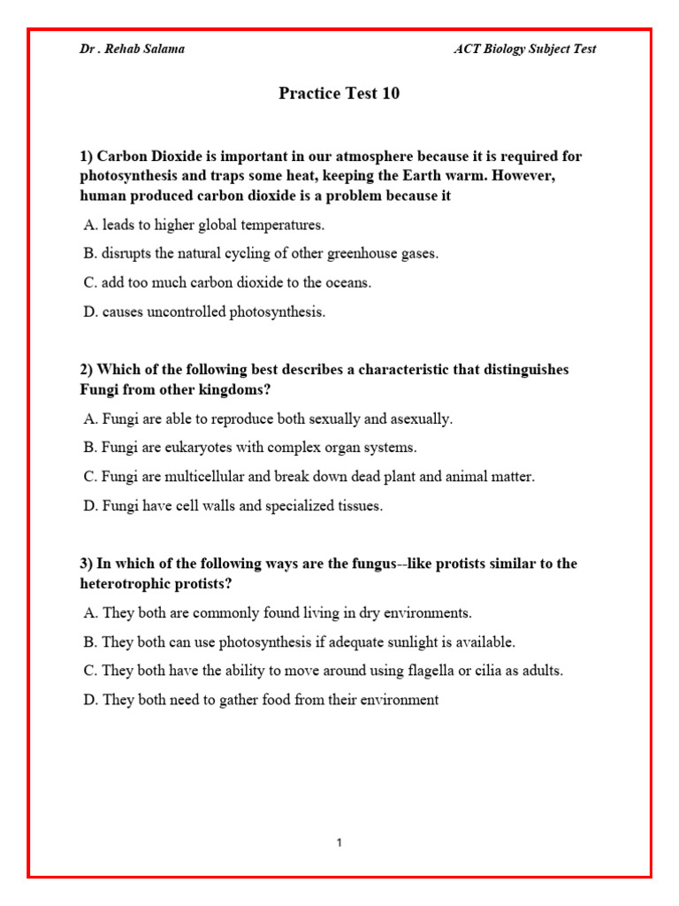 ACT Biology Practice Test Questions | PDF | Cell (Biology) | Biology