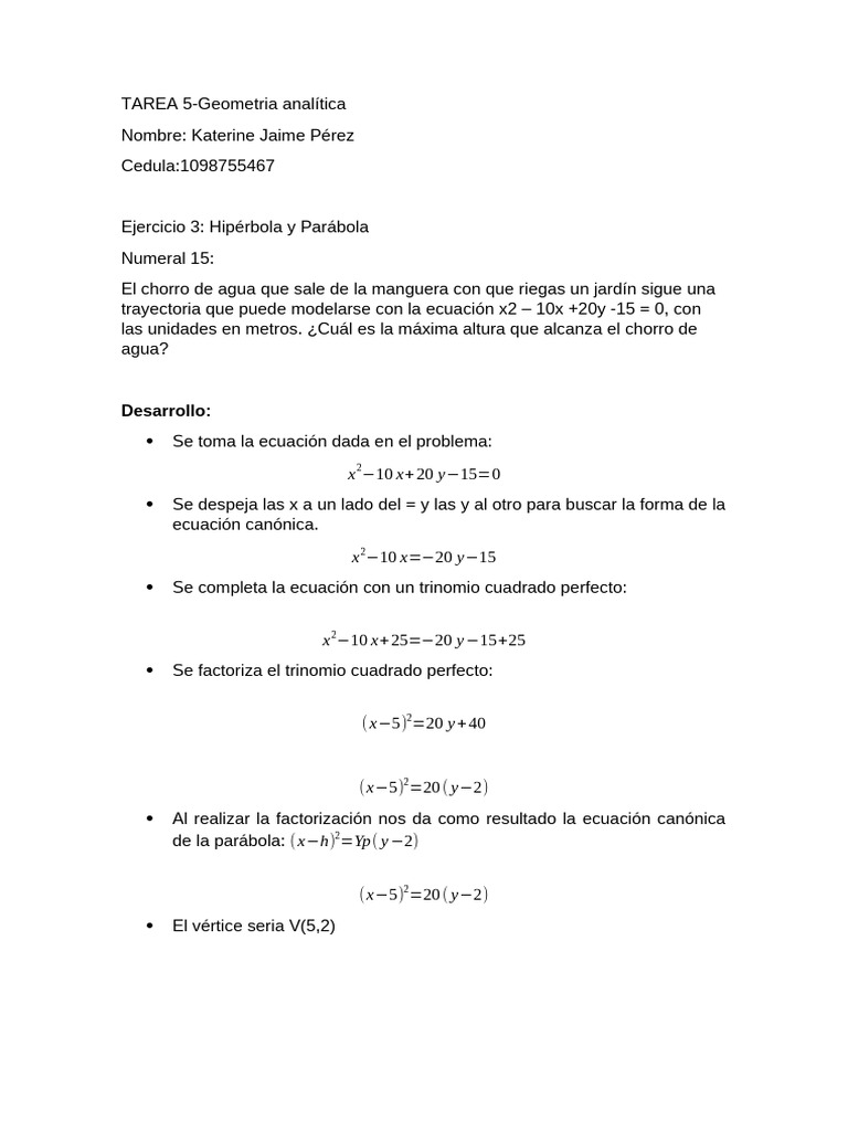 Katerine Jaime Perez - Tarea 5 - Ejercicio 3 - Numeral 15 - Hiperbola y Parabola | PDF