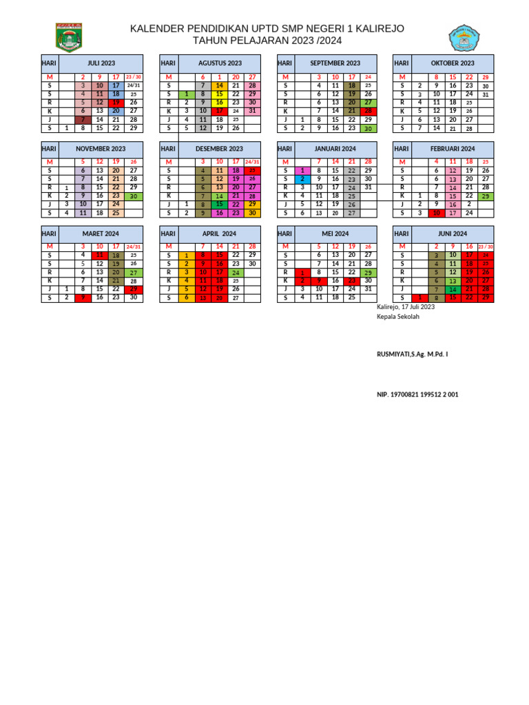 Kalender Pendidikan SMP Negeri 1 Kalirejo | PDF