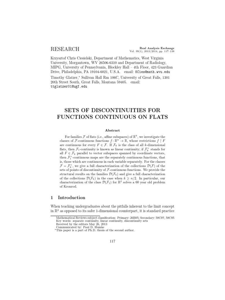 SETS OF DISCONTINUITIES FOR FUNCTIONS CONTINUOUS ON FLATS | PDF | Continuous Function | Space