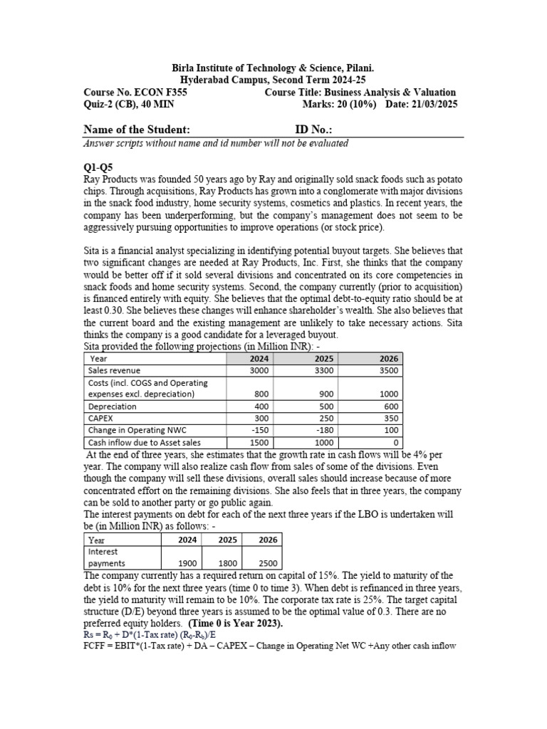 Quiz 2 | PDF | Leveraged Buyout | Capital Structure