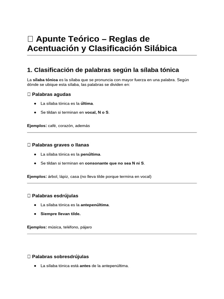 ? Apunte Teórico - Reglas de Acentuación y Clasificación Silábica | PDF ...