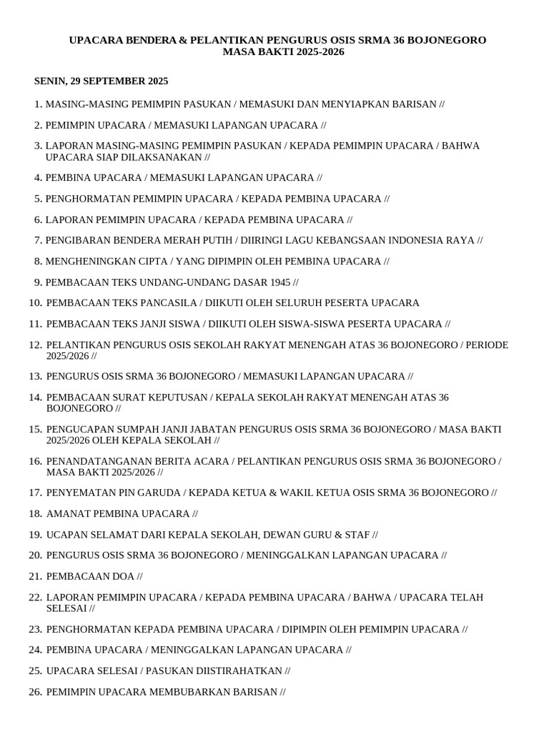 Susunan Upacara Pelantikan Osis 2025 | PDF