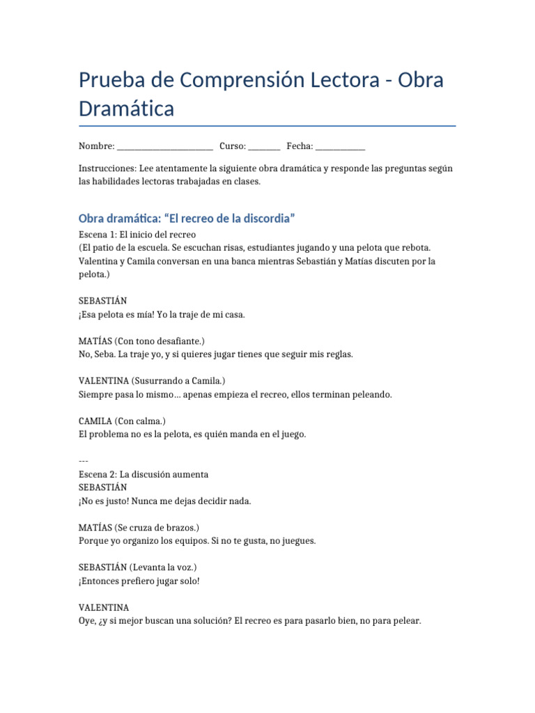 Prueba Obra Dramatica Recreo | PDF