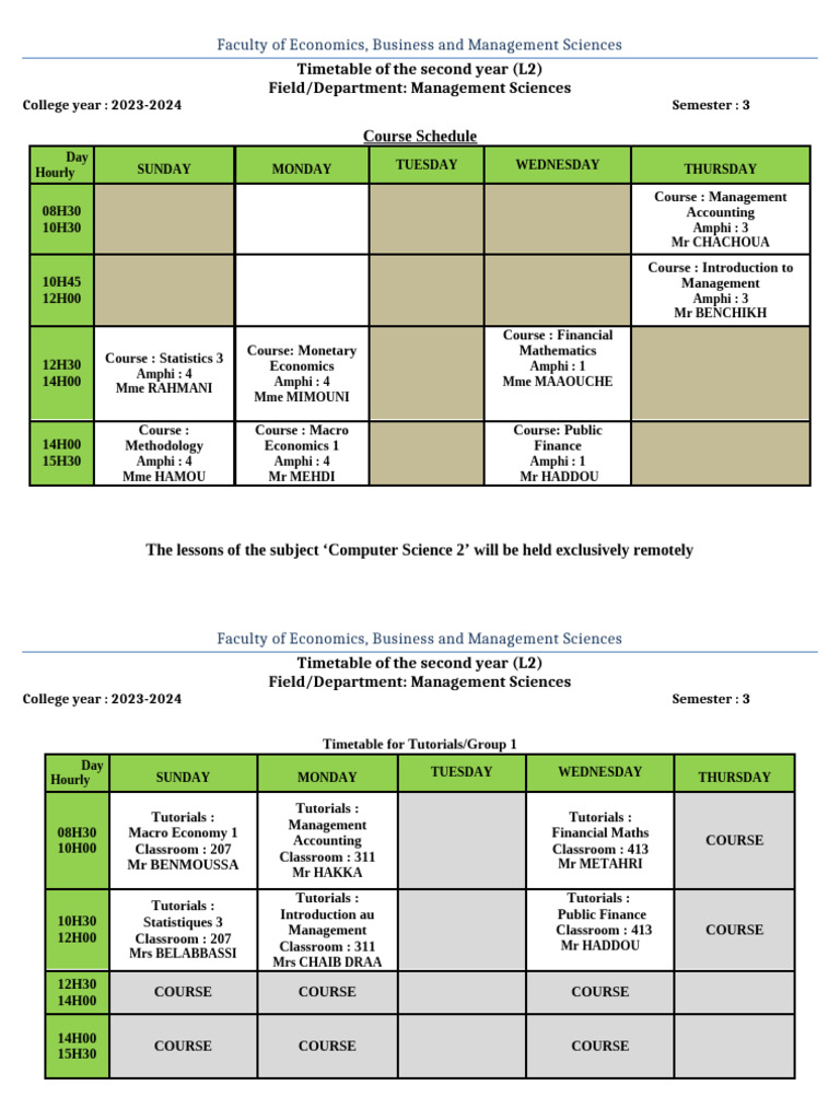 Timetable Management Science L2-S3-2023-2024 | PDF | Inquiry | Economics
