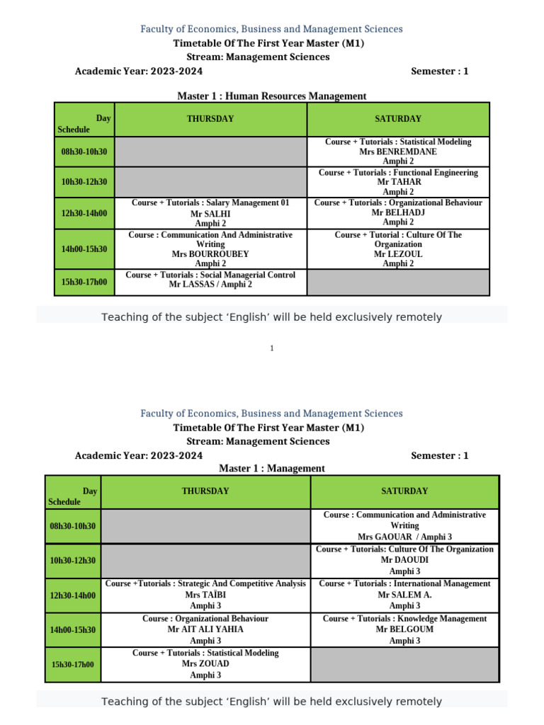 Timetable Management Science M1-S1-2023-2024 | PDF | Business | Economies