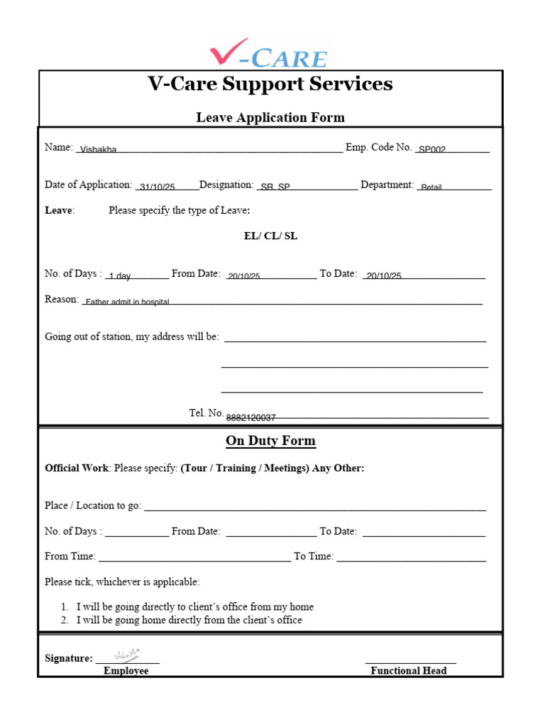 Leave Application Forms of V-Care | PDF