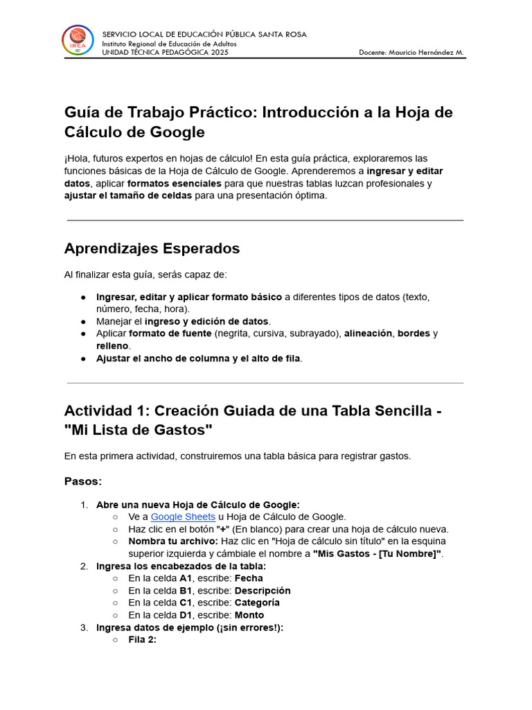 Gu-A de Trabajo Pr-Ctico - Introducci-N A La Hoja de C-Lculo de Google | PDF | Hoja de cálculo