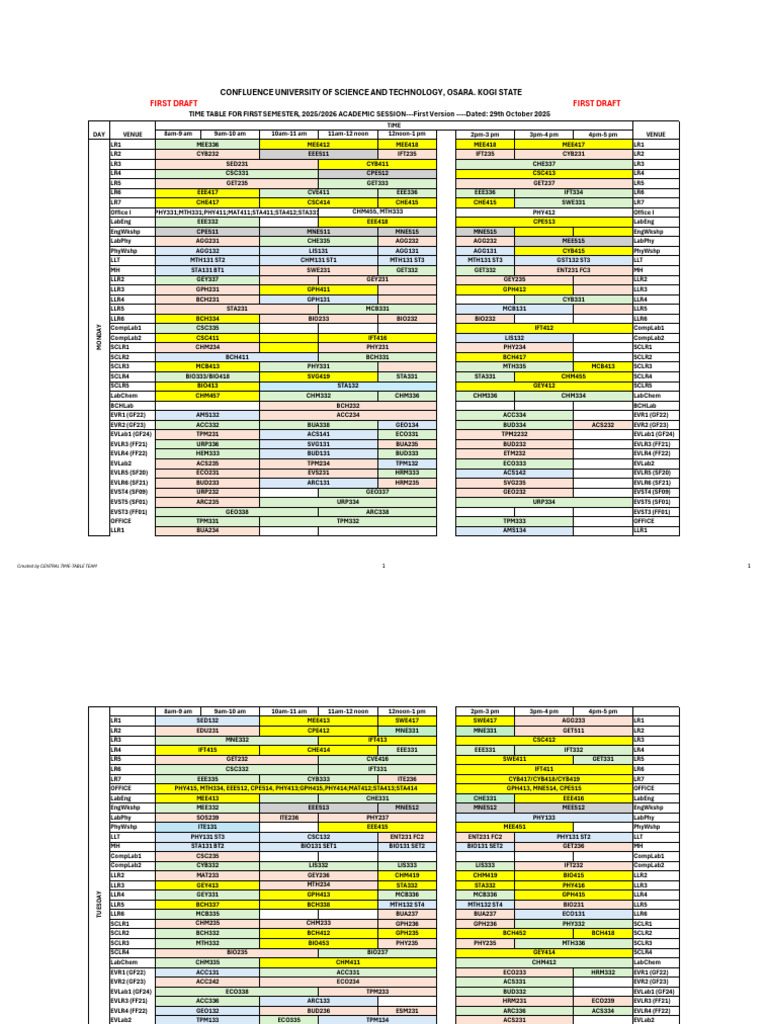 2025-2026 First Semester LecturE Time-Table First Draft | PDF