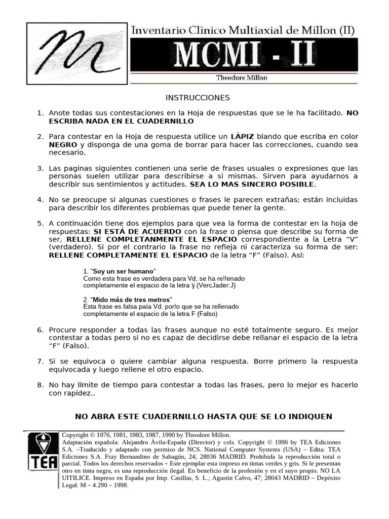Cuadernillo de Preguntas MCMI-II Portada | PDF