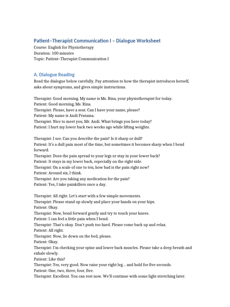 Patient Therapist Communication I Worksheet | PDF