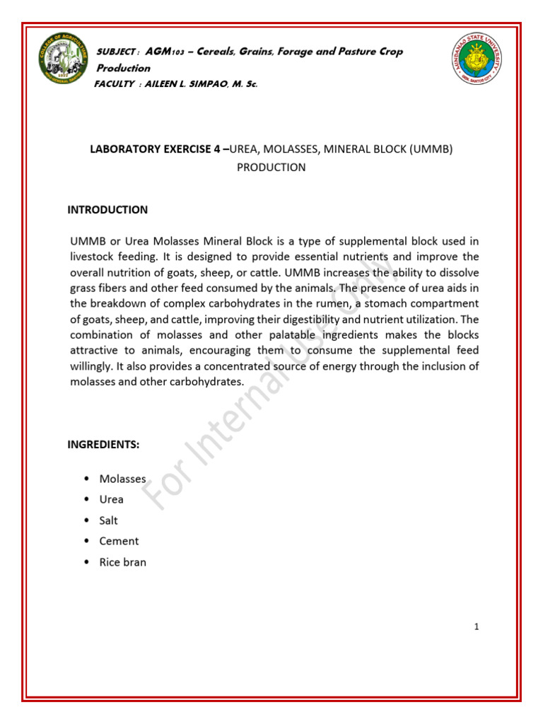 Laboratory Exercise 4. UMMB Making | PDF | Cereals | Molasses