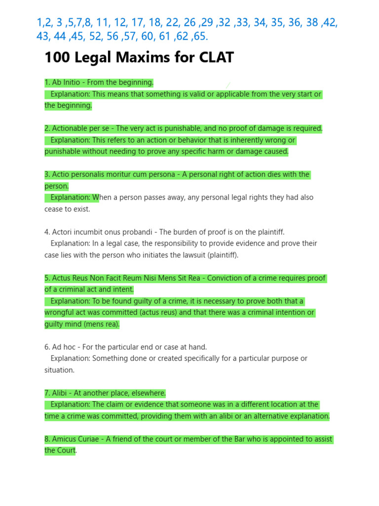 100 Legal Maxims for Clat 0273e1dfa0259 | PDF | Jargon | Public Law
