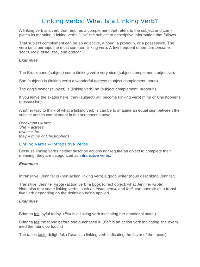 6 Linking Verbs | PDF | Verb | Subject (Grammar)